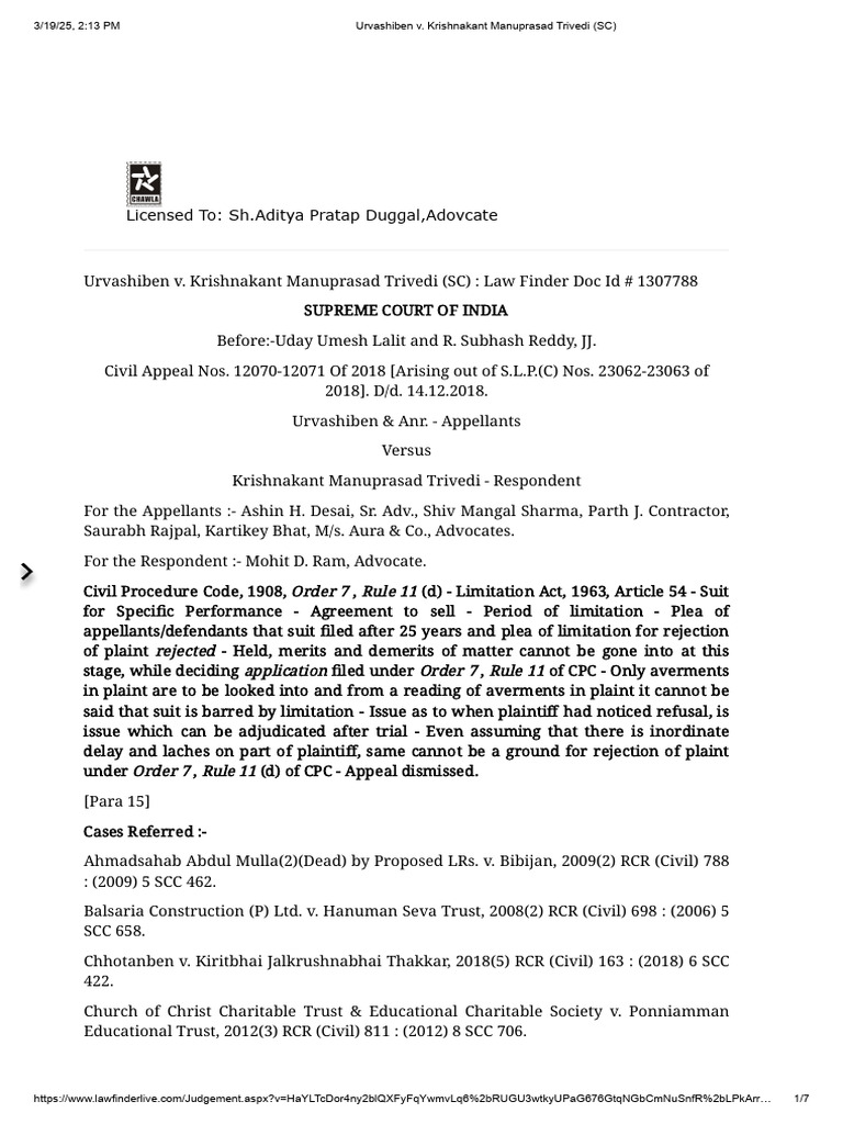 Urvashiben v. Krishnakant Manuprasad Trivedi (SC) | PDF | Lawsuit | Laches (Equity)