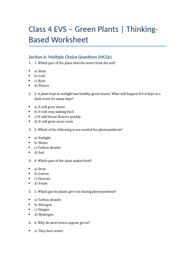 Class 4 Green Plants Worksheet | PDF
