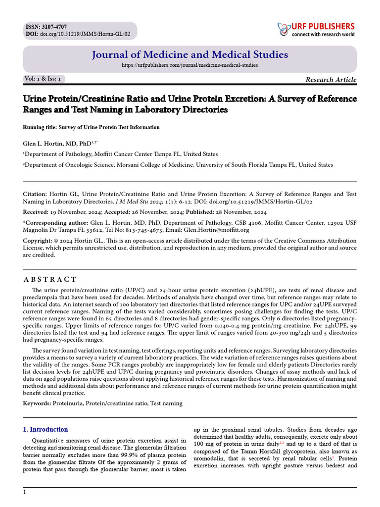 Urine Protein/Creatinine Ratio and Urine Protein Excretion: A Survey of ...