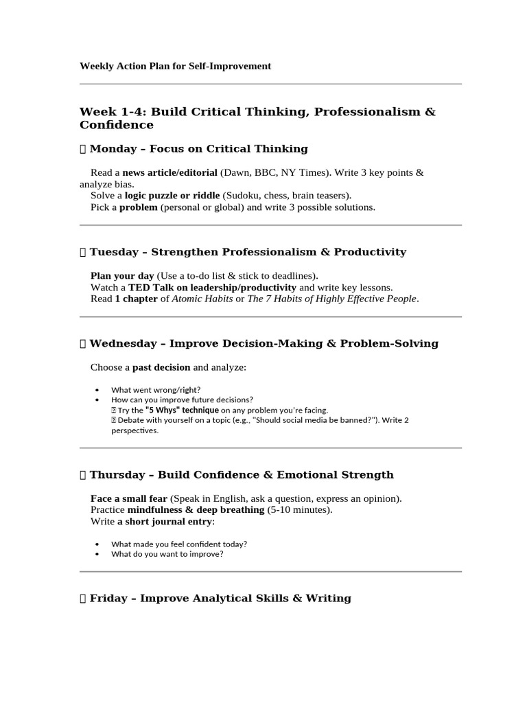 Weekly Self-Improvement Action Plan | PDF