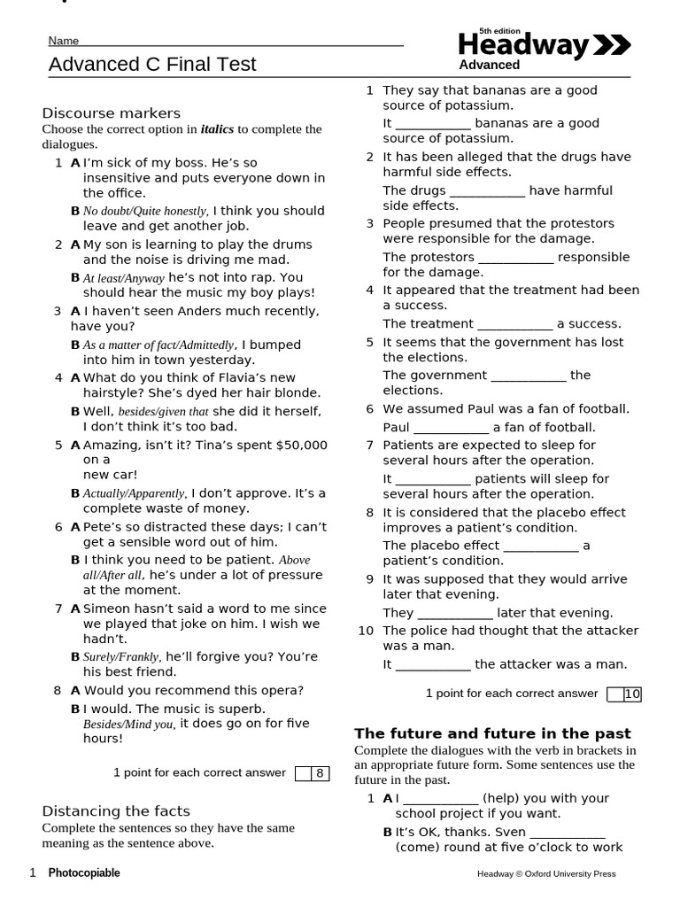 Advanced C Final Test: Discourse Markers | PDF