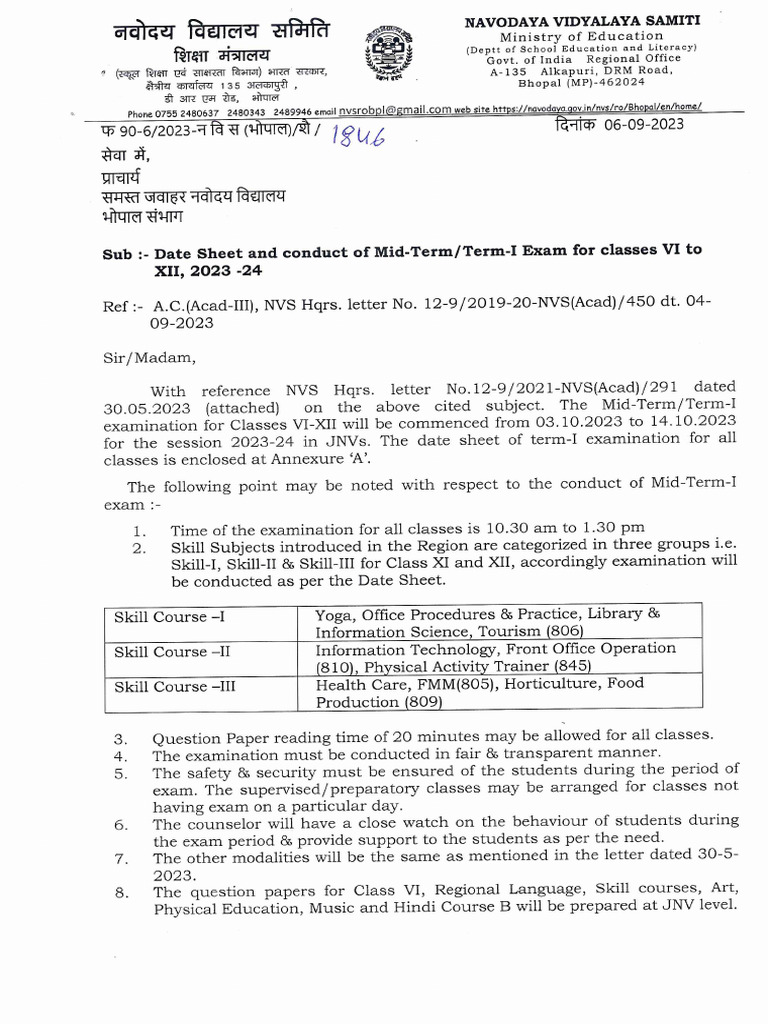 Date Sheet and Conduct of Mid-TermTerm-I Exam For Classes VI To XII ...