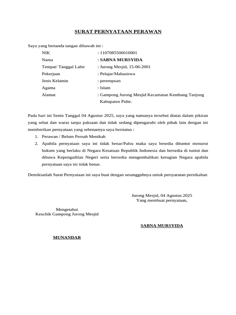 Surat Pernyataan Perawan | PDF