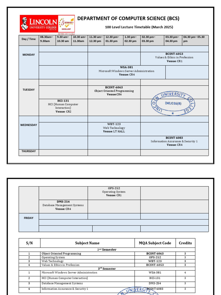 BCS- 100 Level Lecture TimeTable March, 2025 ( Semester 1, 2 &3) | PDF | Computing | Software