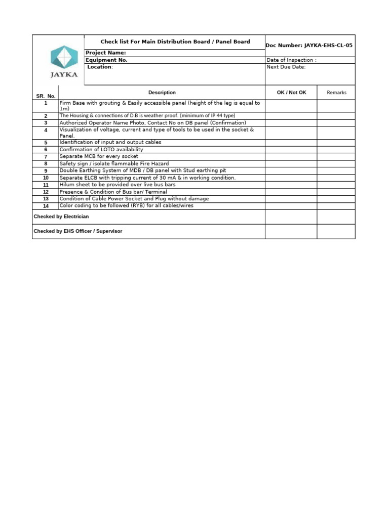Main Distribution Board Inspection Checklist | PDF