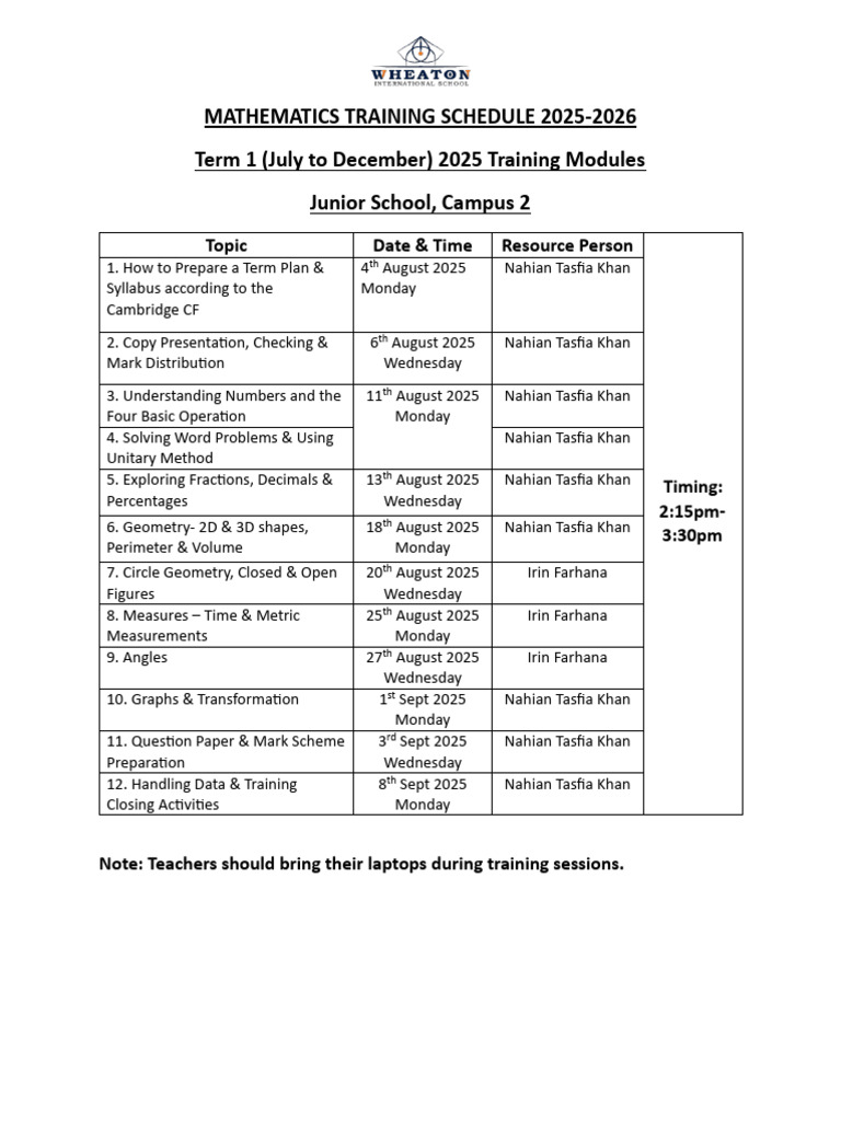 Mathematics Training Schedule 2025-2026 | PDF
