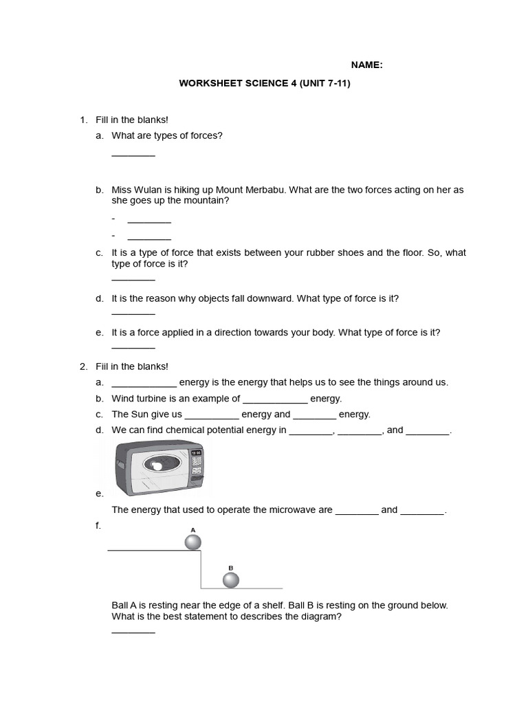 Science Worksheet: Forces and Energy | PDF | Light | Force