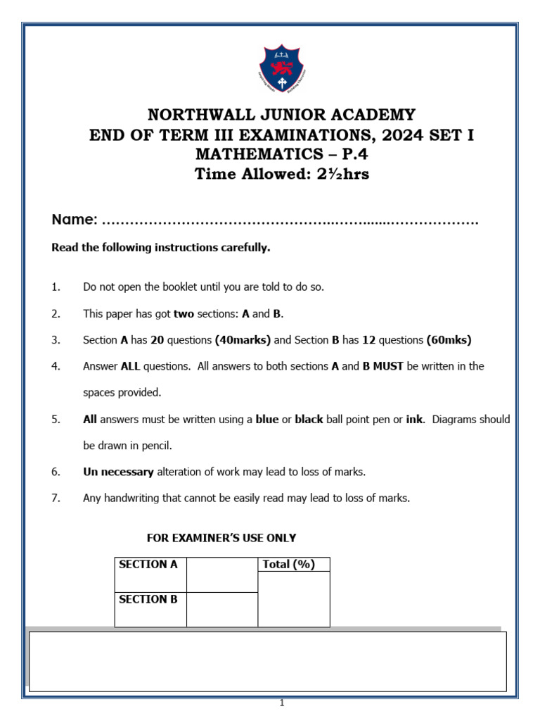 p.4 Maths - Asbat Examinations Board - 0780243415 | PDF | Elementary ...