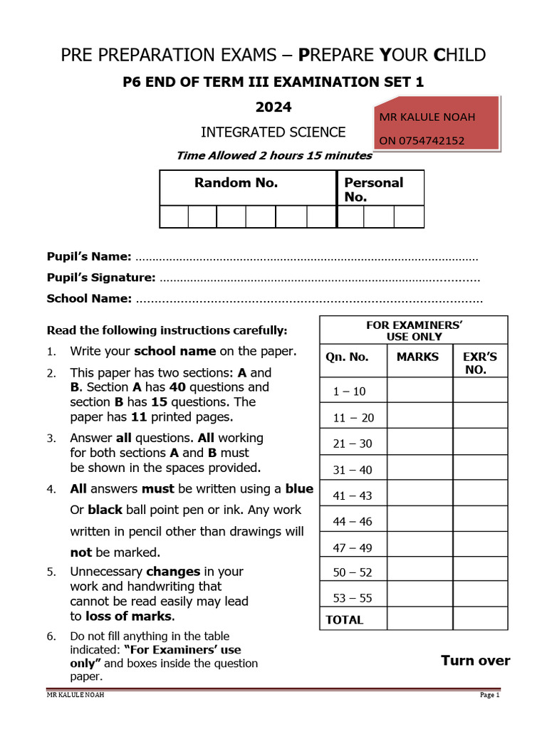 Pyc p.6 Scie End Ot Term 3 Set 1 by MR Kalule Noah | PDF