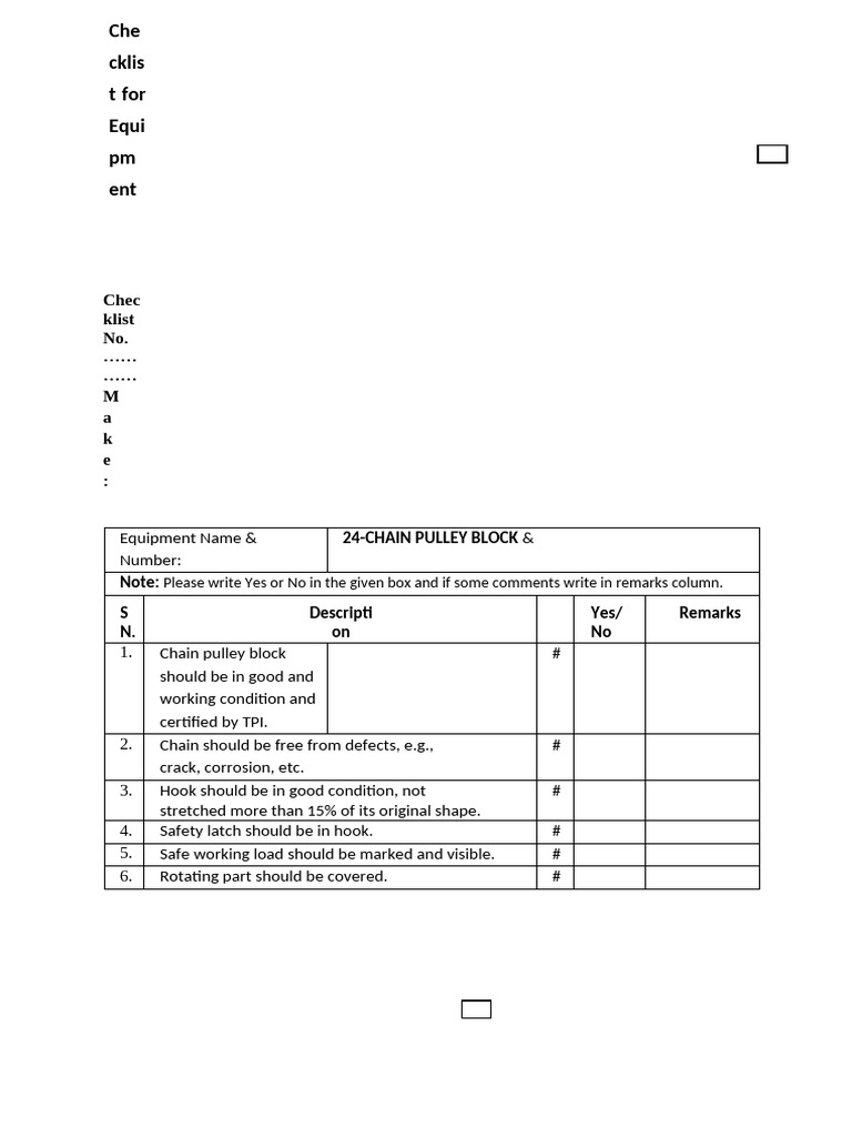 Checklist For Equipment Inspection Chain Pulley Block | PDF