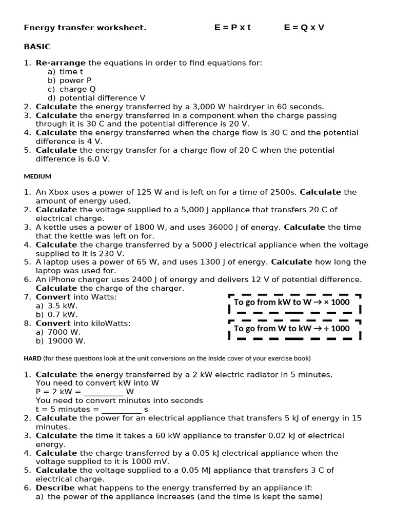 Energy Transfer Calculations Guide | PDF | Watt | Voltage