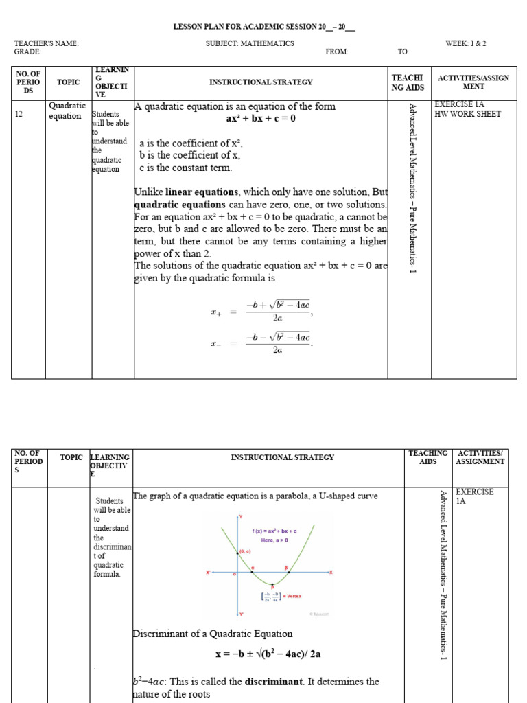 Quadratic Equation Igcse Safna Lesson Plan | PDF | Quadratic Equation ...