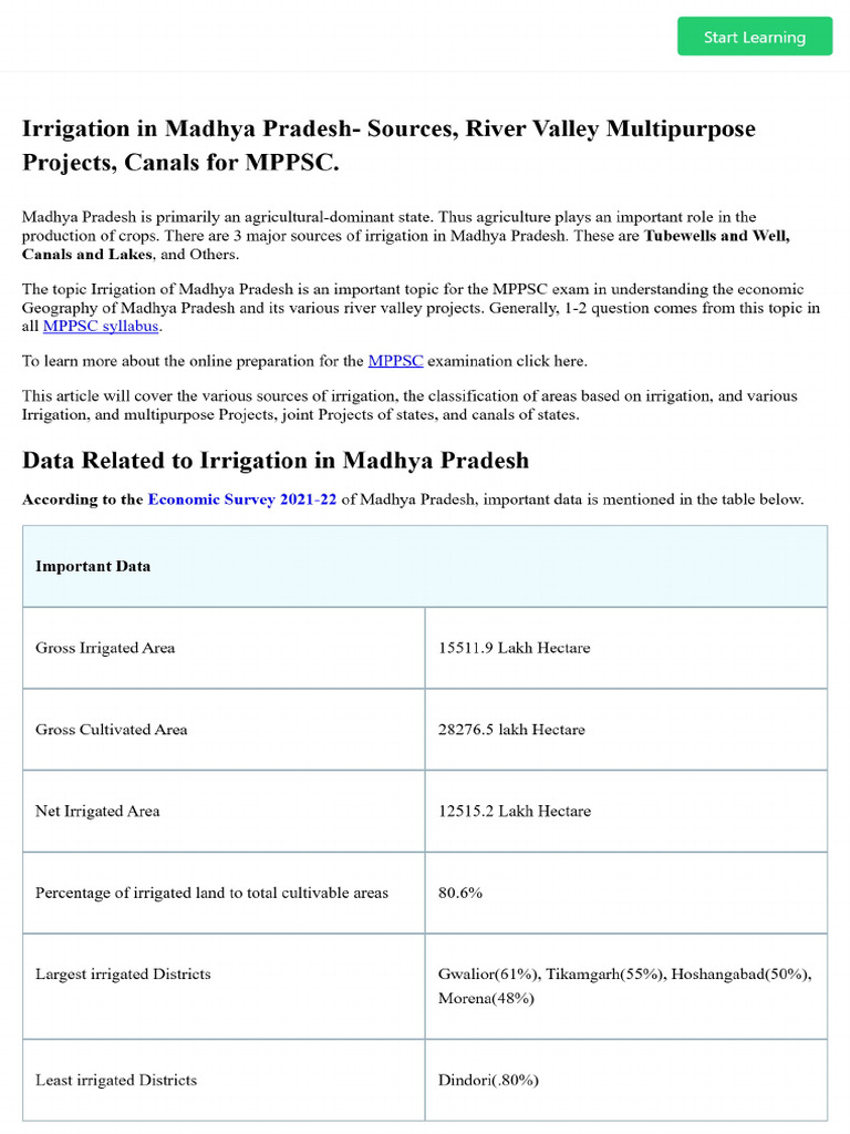Irrigation in Madhya Pradesh - Sources, River Valley Project, Canal | PDF