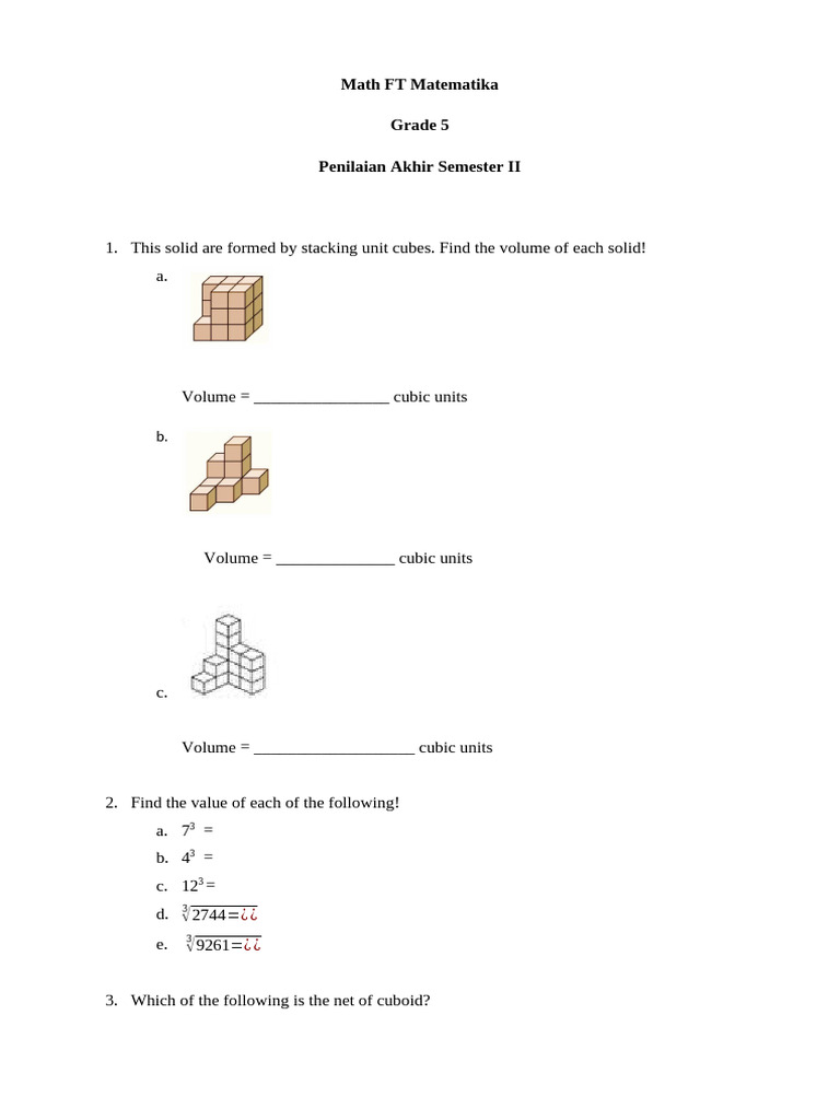 Grade 5 Math Volume Assessment | PDF | Volume