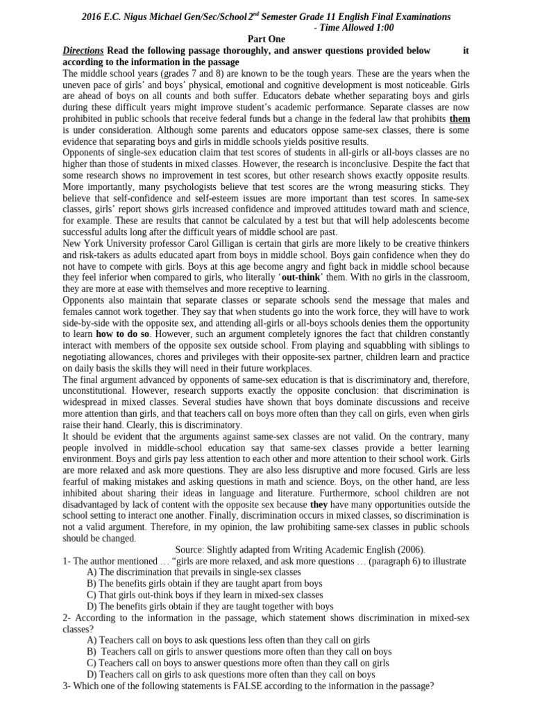 2016 E.C. G11 2nd Sem. Eng. Final Exam | PDF | Self Esteem | Cognition