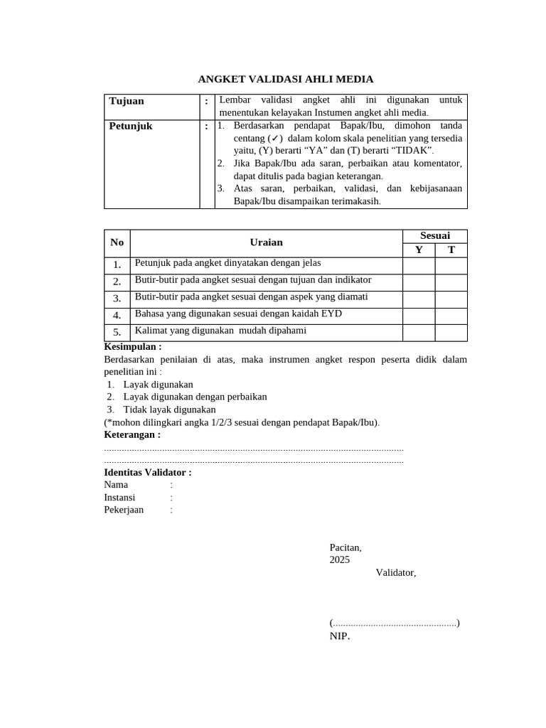 Validasi Angket Media Pembelajaran | PDF