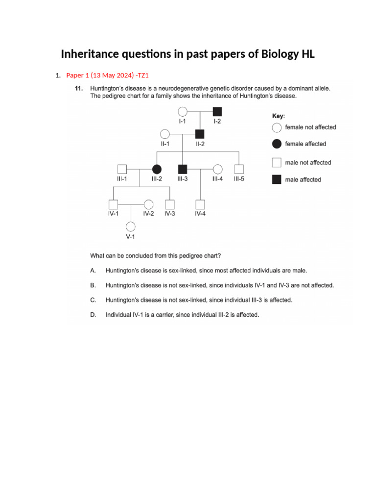 Inheritance Questions in Past Papers of Biology HL | PDF