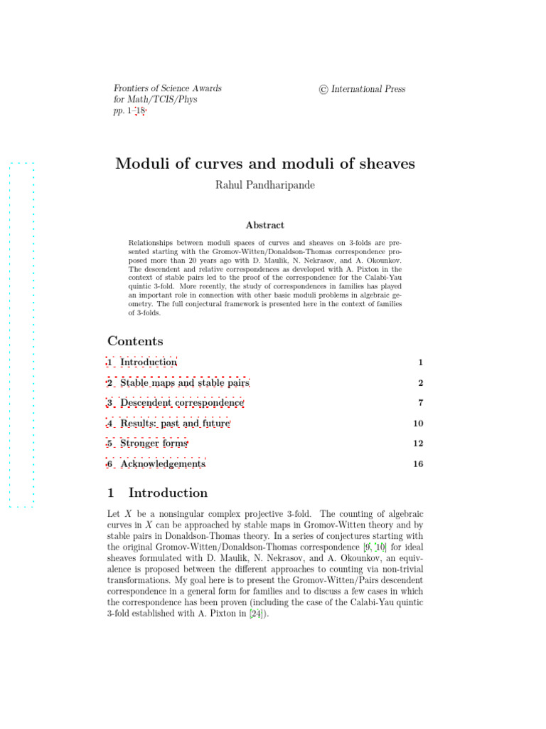 PANDHARIPANDE (2025) Moduli of Curves and Moduli of Sheaves | PDF ...