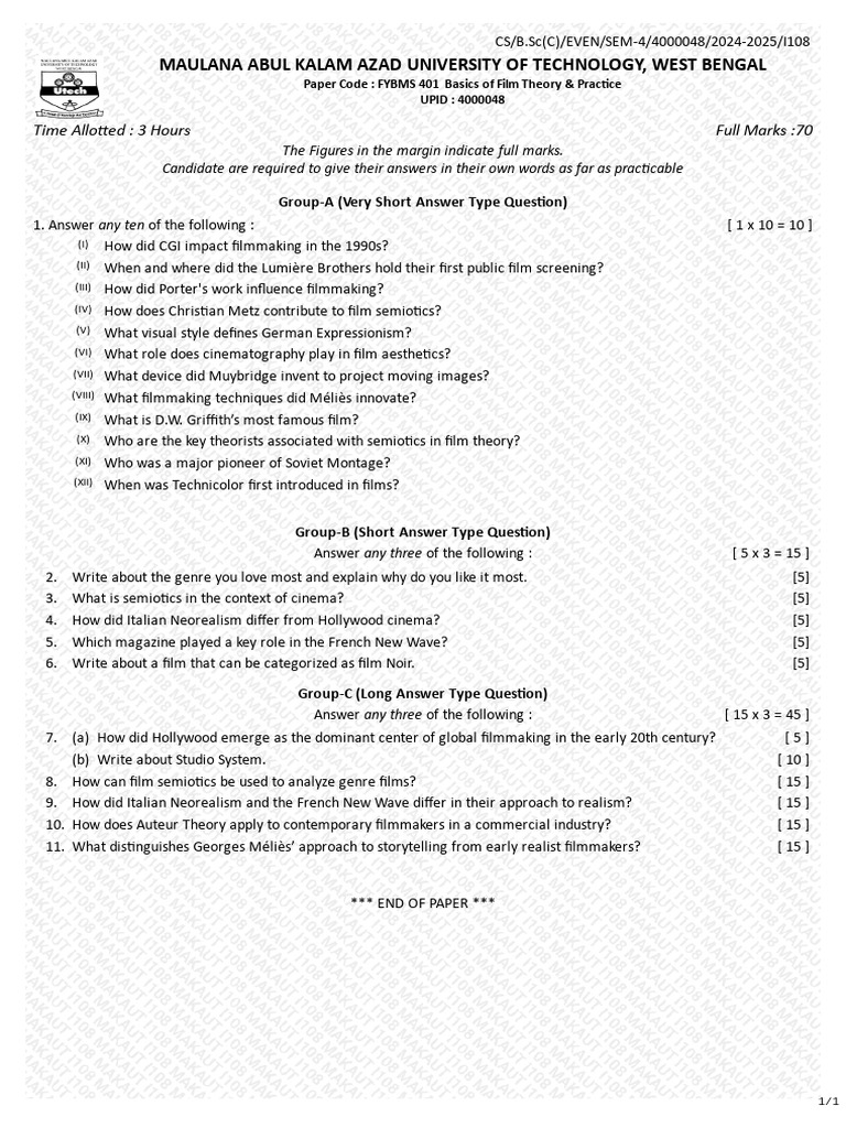 Film Theory & Practice Exam Paper | PDF | Film Theory