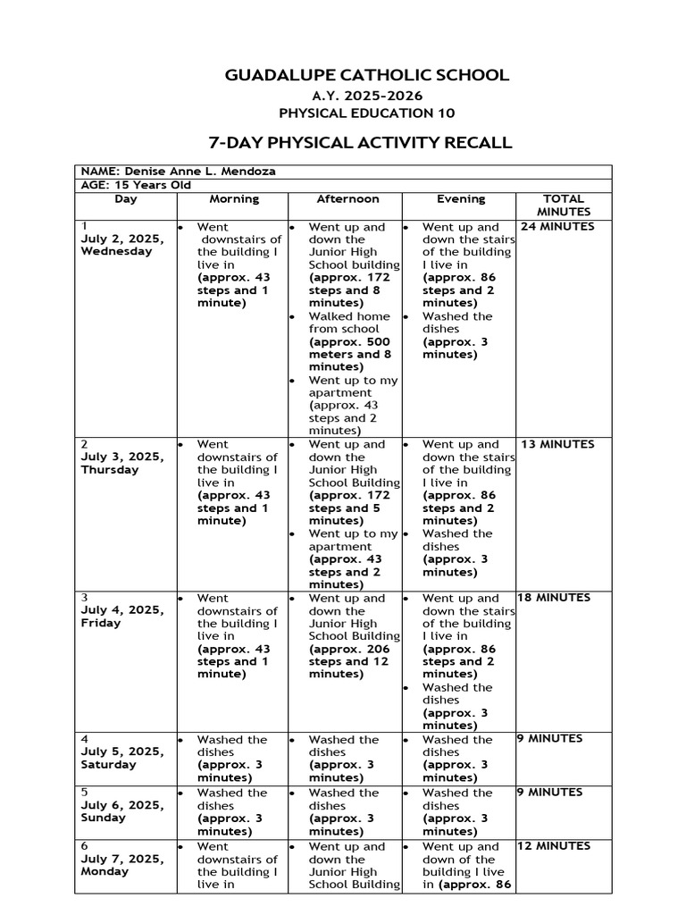 Gcs 7 Day Recall Leisure Time Physical Activity Reflection 2025 (1) | PDF | Determinants Of Health