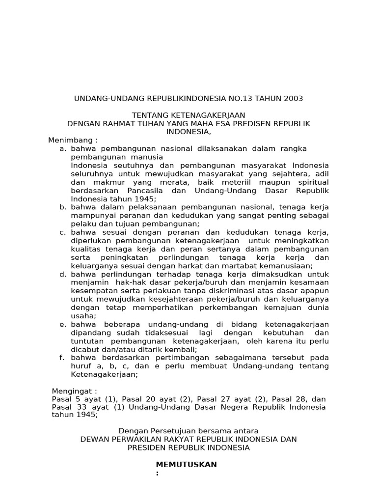 Uu No.13 THN 2003 Tentang Ketenagakerjaan | PDF