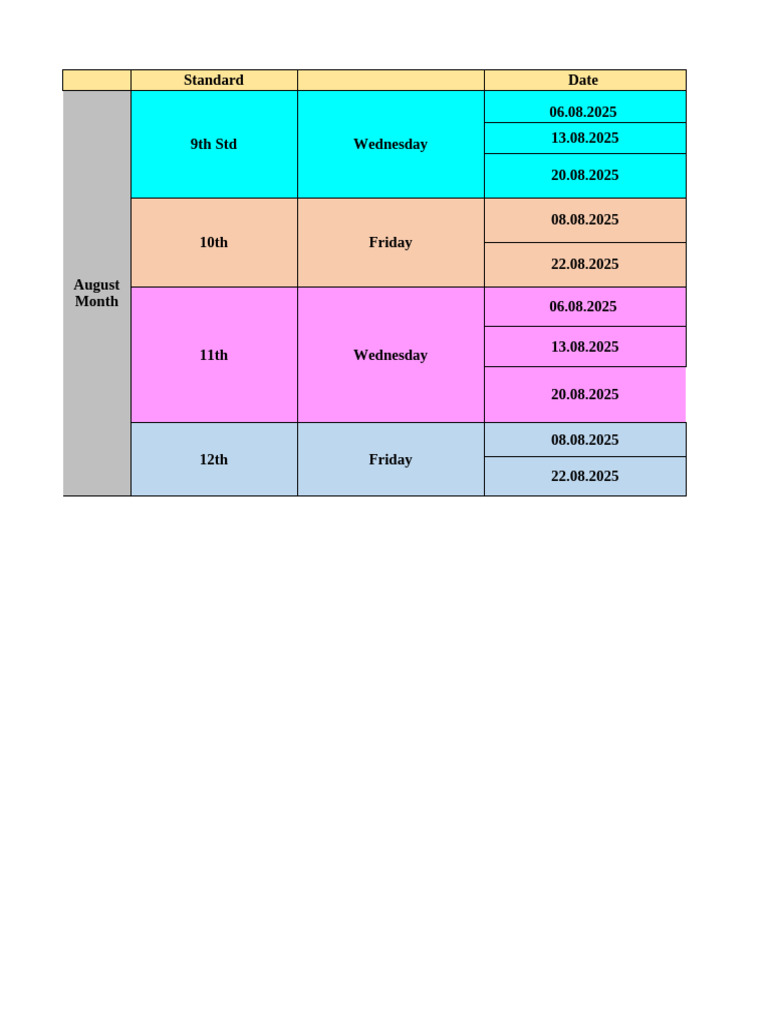 CG Class August 2025 Schedule | PDF