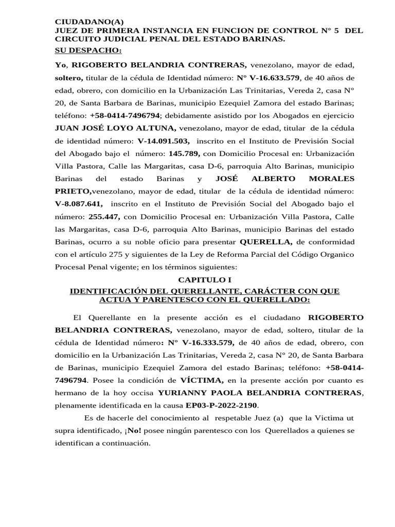 Querella Penal en Barinas: Caso Belandria | PDF | Queja | Justicia