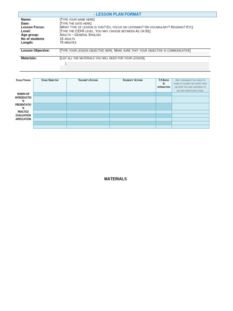 Adult ESL Lesson Plan Template | PDF