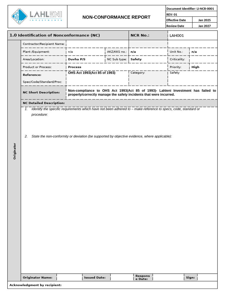 NCR Template for Safety Nonconformance | PDF