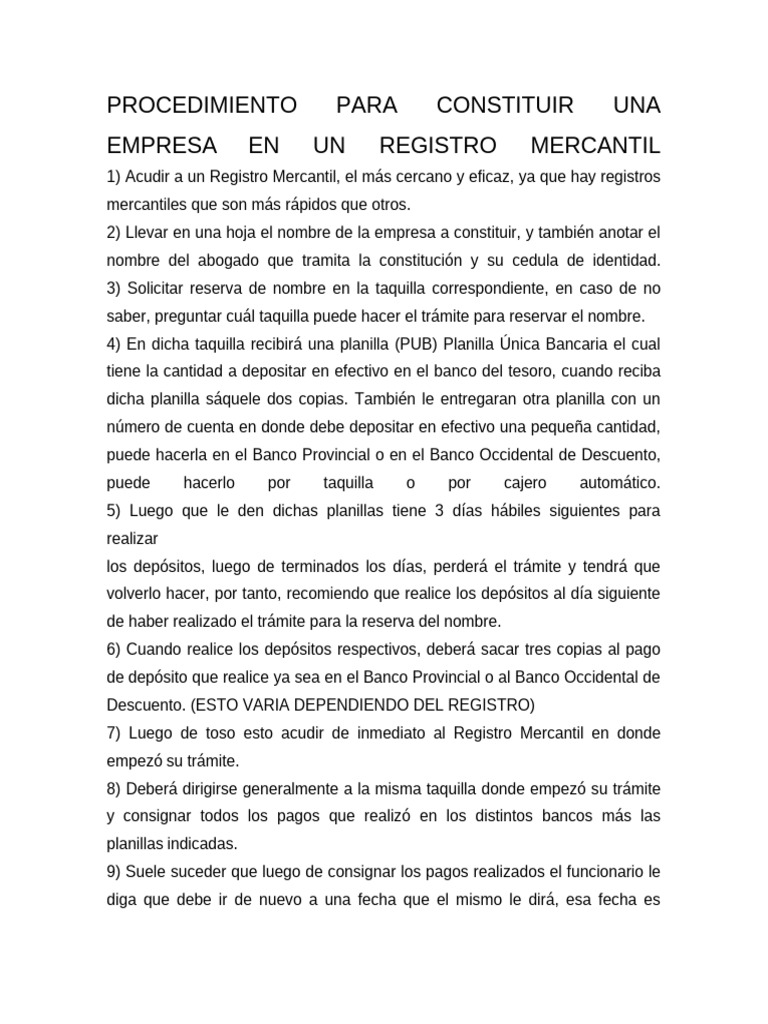PROCEDIMIENTO PARA CONSTITUIR UNA EMPRESA EN UN REGISTRO MERCANTIL | PDF | Bancos