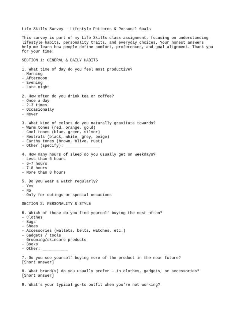 Life Skills Survey Form | PDF
