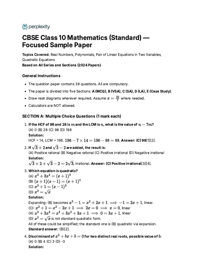 Class 10 Quadratic Equations Paper | PDF | Quadratic Equation | Equations