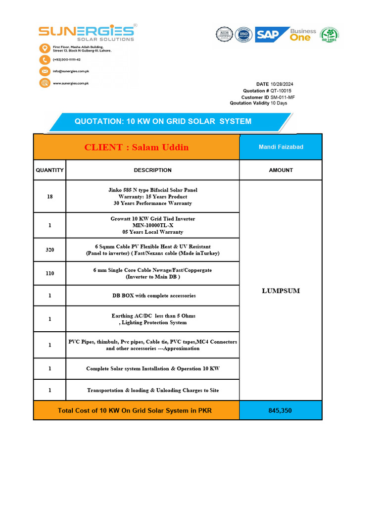 Quotation for 10 KW Solar System | PDF | Photovoltaics | Solar Panel