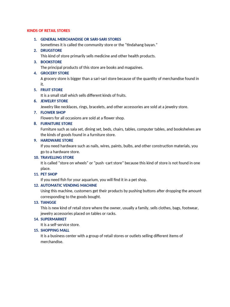 Kinds of Retail Stores | PDF