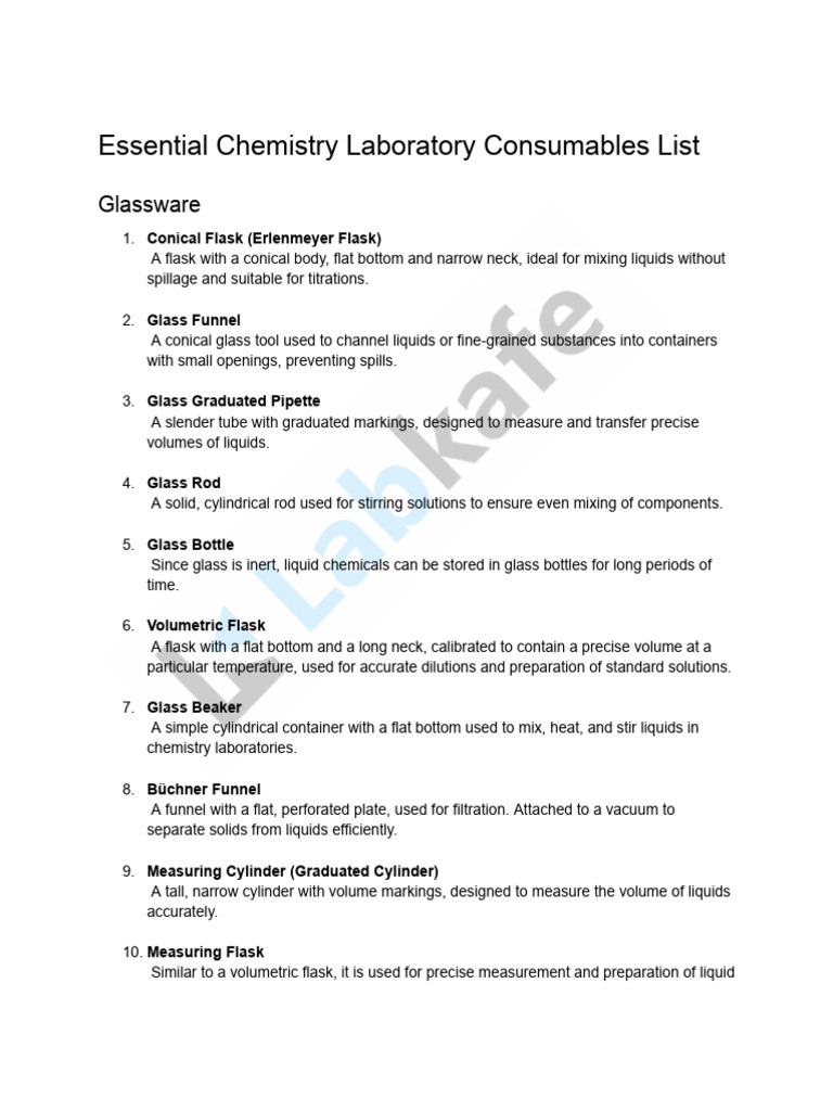 Essential Chemistry Lab Consumables List | PDF | Chemical Elements ...