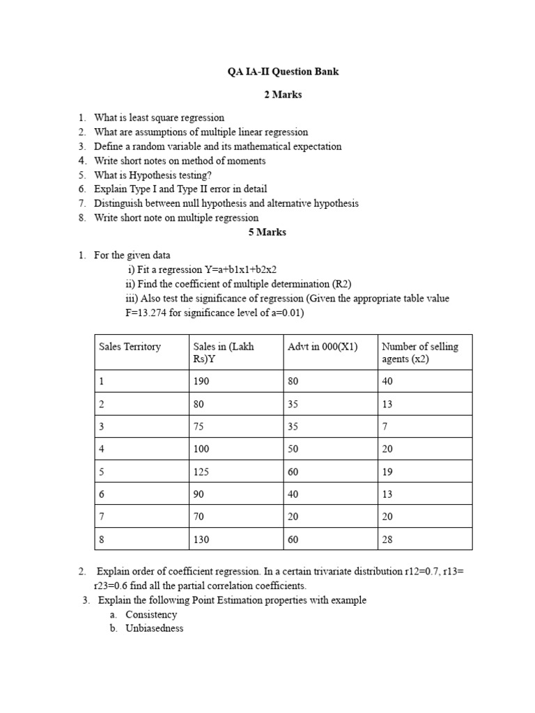 Question Bank QA 24-25 IA-II | PDF | Regression Analysis | Methodology