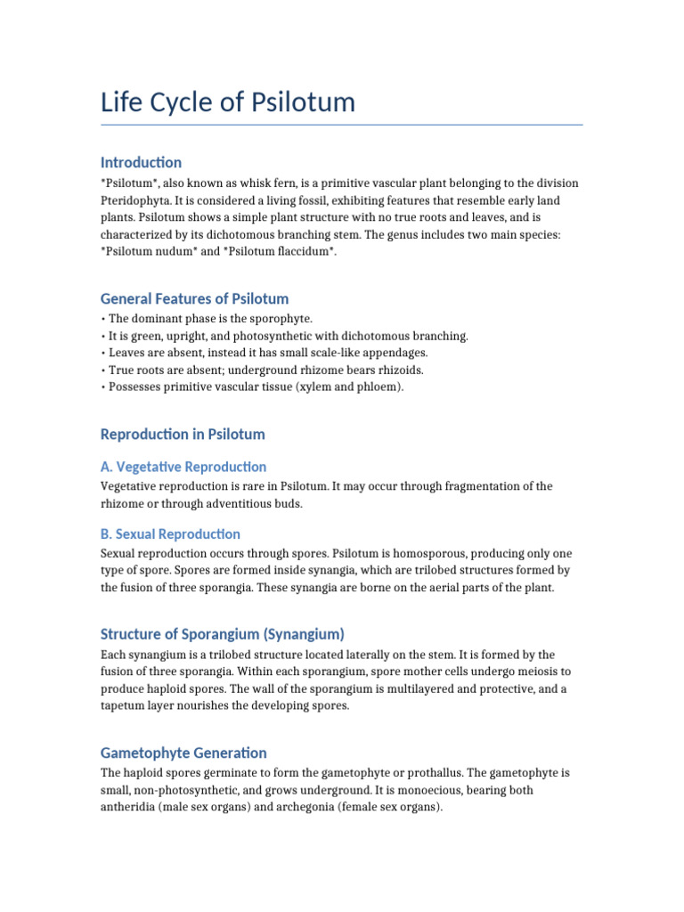 Psilotum Life Cycle and Reproduction | PDF | Spore | Plants