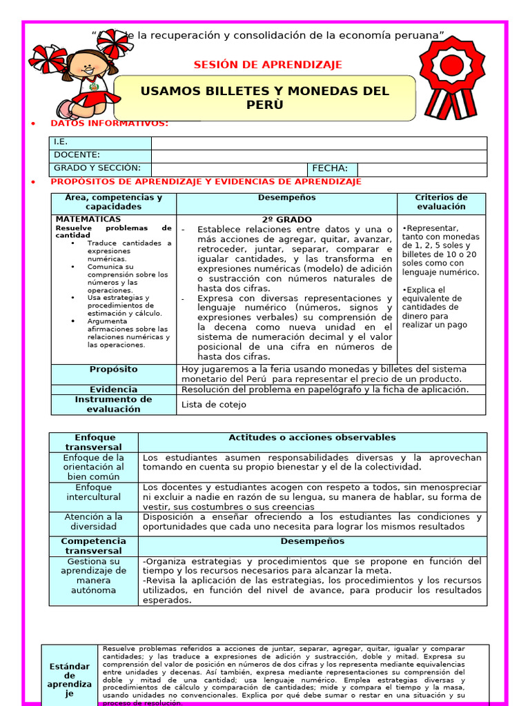 2º U4 S5 Sesion D4 Mat Usamos Billetes y Monedas Del Peru | PDF ...