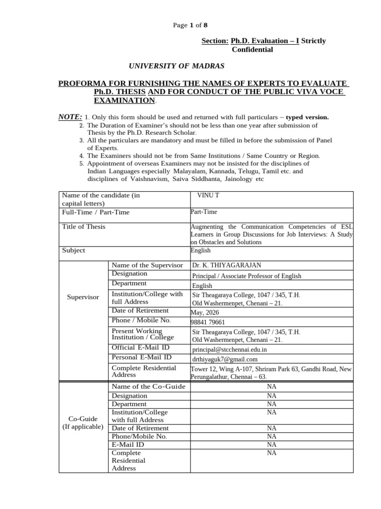 Ph.D. Thesis Evaluation Panel Form | PDF | Thesis | Doctor Of Philosophy