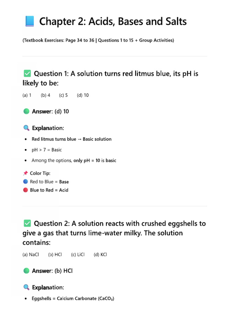 G10 CBSE Science 6 Solved Exercises C2 Acids, Bases and Salts | PDF