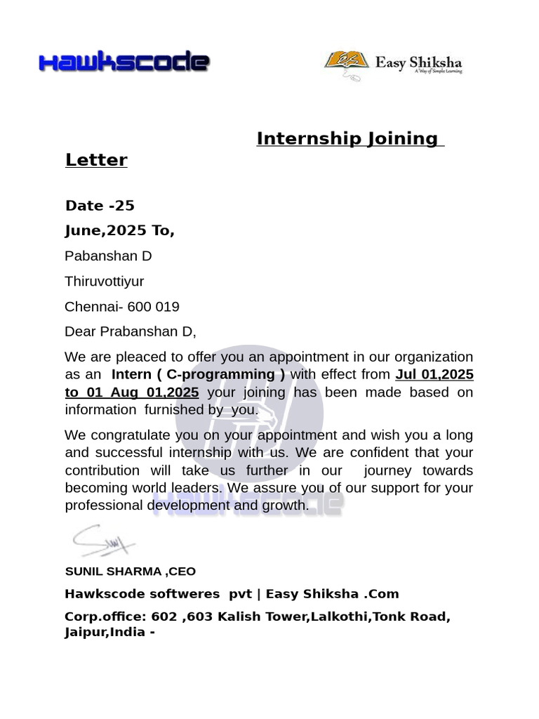 Hawkscode Internship Joining Letter | PDF
