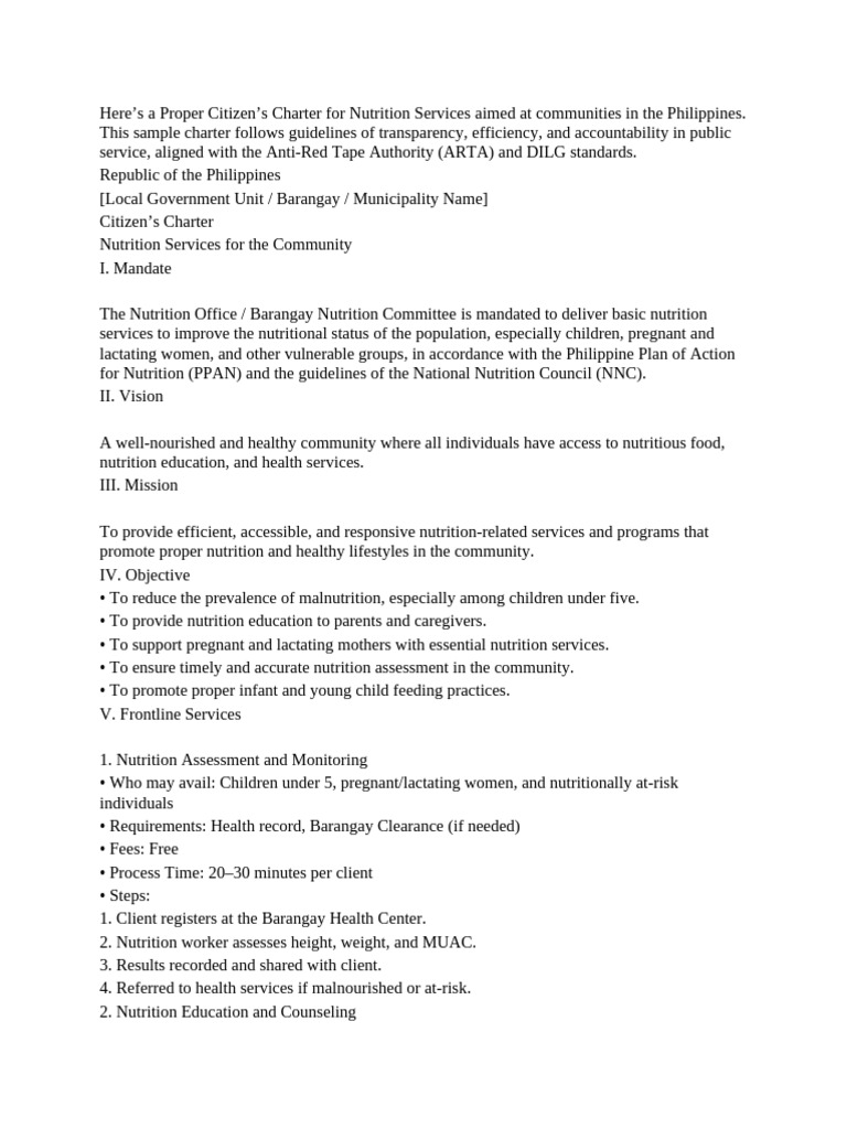 Citizen's Charter for Nutrition Services | PDF | Malnutrition ...