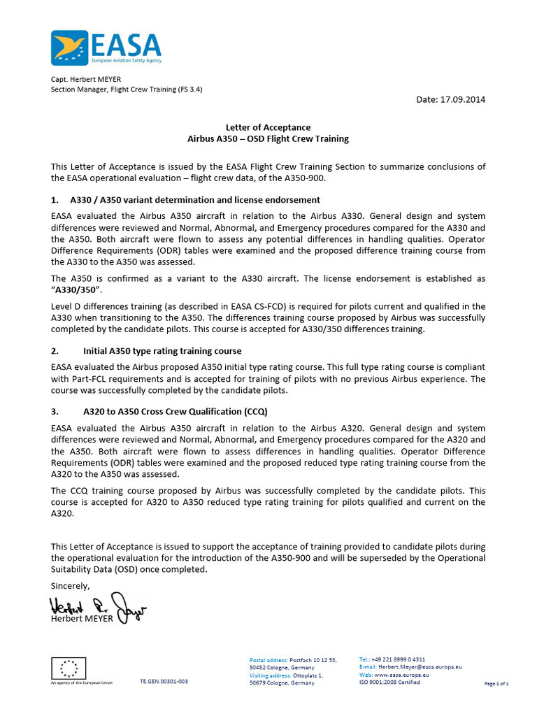 A350 Letter of Acceptance | PDF | Aircraft | Airliner