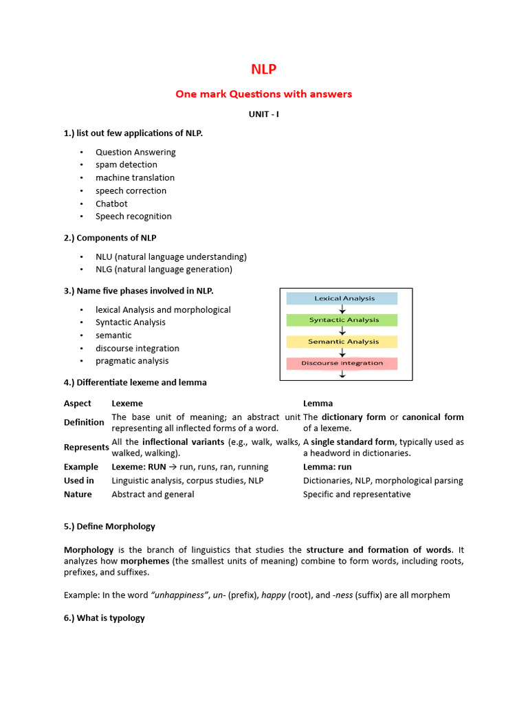 NLP One Mark Questions With Answers | PDF | Parsing | Phrase