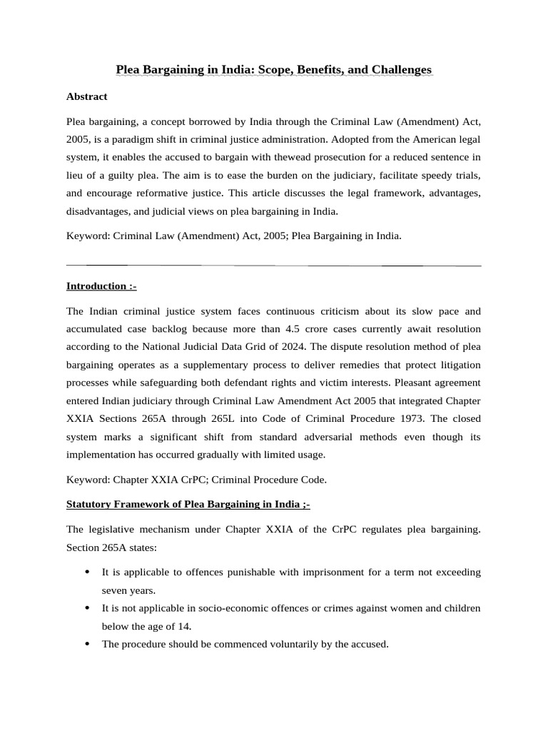 Plea Bargaining in India: Benefits & Challenges | PDF | Plea Bargain | Plea
