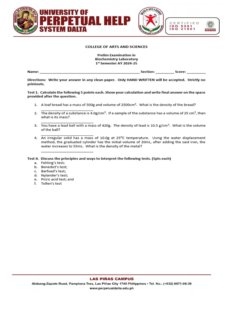 Biochem Laboratory Prelim Examination 2 | PDF