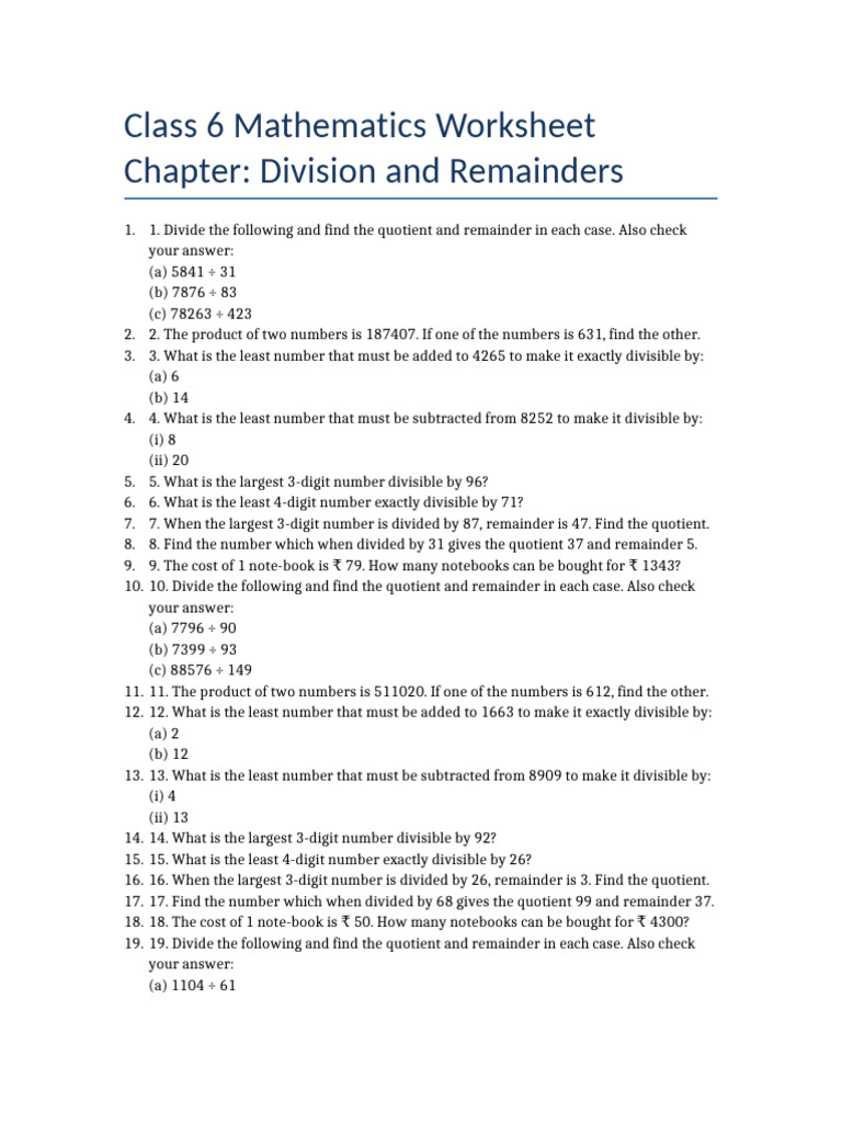 Division Worksheet Class6 (1) | PDF