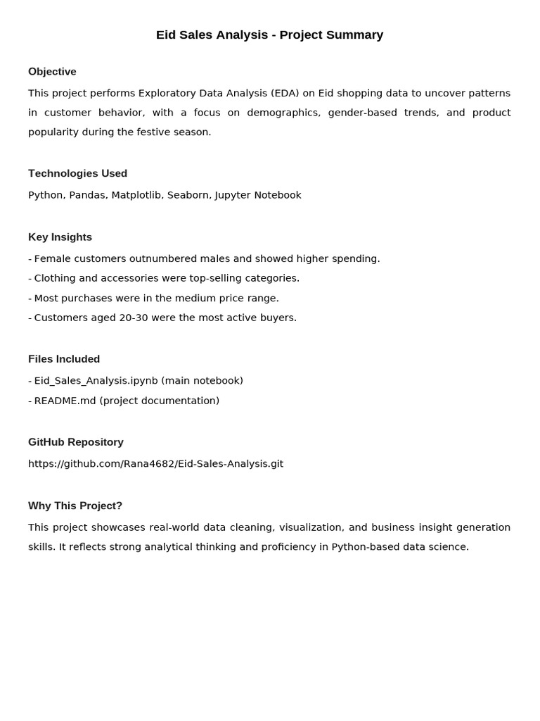 Eid Sales Analysis Project Summary | PDF