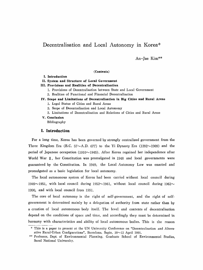 Decentralisation and Local Autonomy in Korea | PDF | Decentralization ...