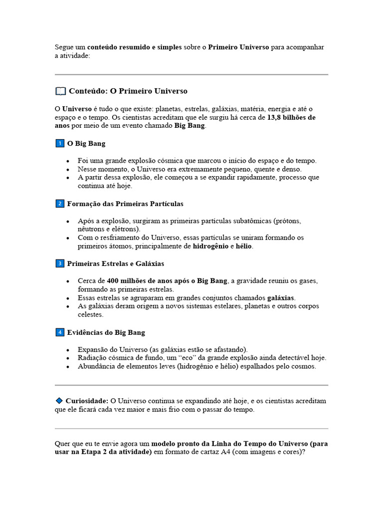 Segue Um Conteúdo Resumido e Simples Sobre o Primeiro Universo Para Acompanhar a Atividade | PDF